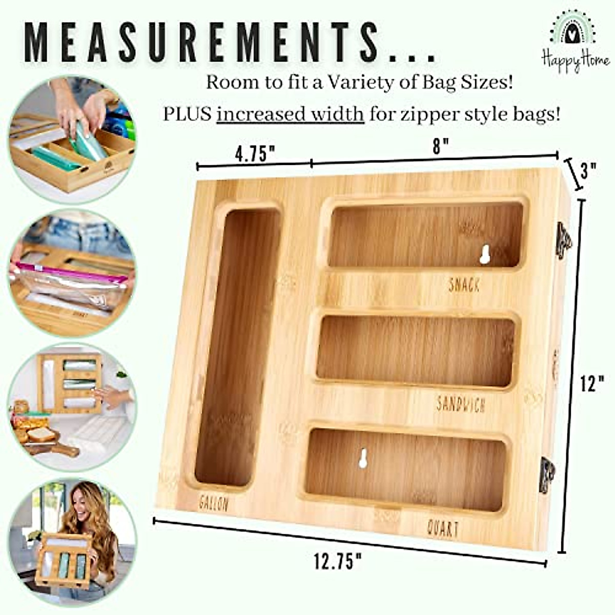 HappyHome Storage Bag Organizer for Kitchen Drawer - Sturdy & Stylish Bamboo Baggie Organizer - Fits Any Brand Gallon, Slider Quart, Sandwich & Snack - Plastic Bag Organizer with Wall Mount Hardware