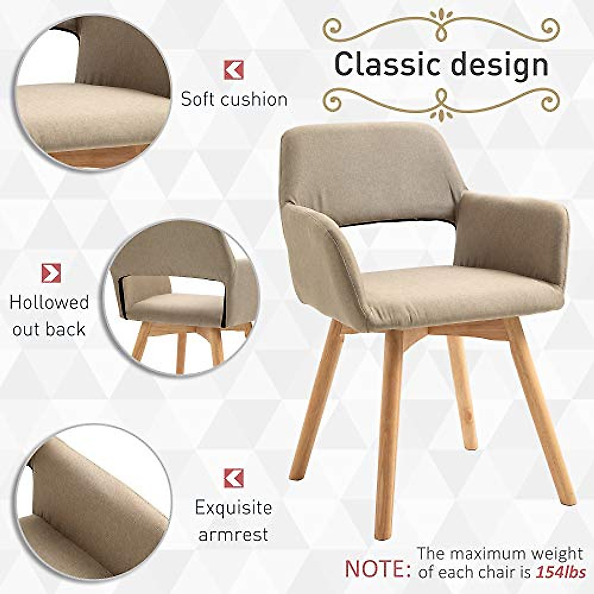 HOMCOM Dining Chairs Set of 2 Home Modern Accent Armchair for Bedroom Living Room with Fabric Surface and Solid Wood Legs, Taupe