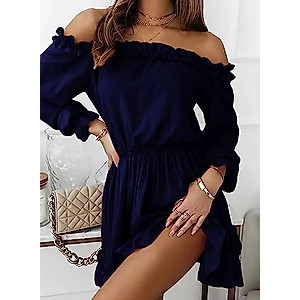 Dokotoo Women's Casual Dresses Ruffle Off The Shoulder Long Sleeve Dress for Women Elegant Solid Color Elastic Waist Party Short Dress A-Line Sexy Spring 2024 Country Concert Outfits Blue Small