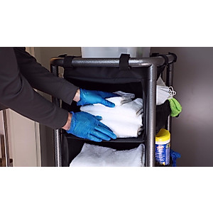 Housekeeping and Janitorial Cart with Rolling Wheels, Black Bag, Compact Steel Frame, Hammertone Finish