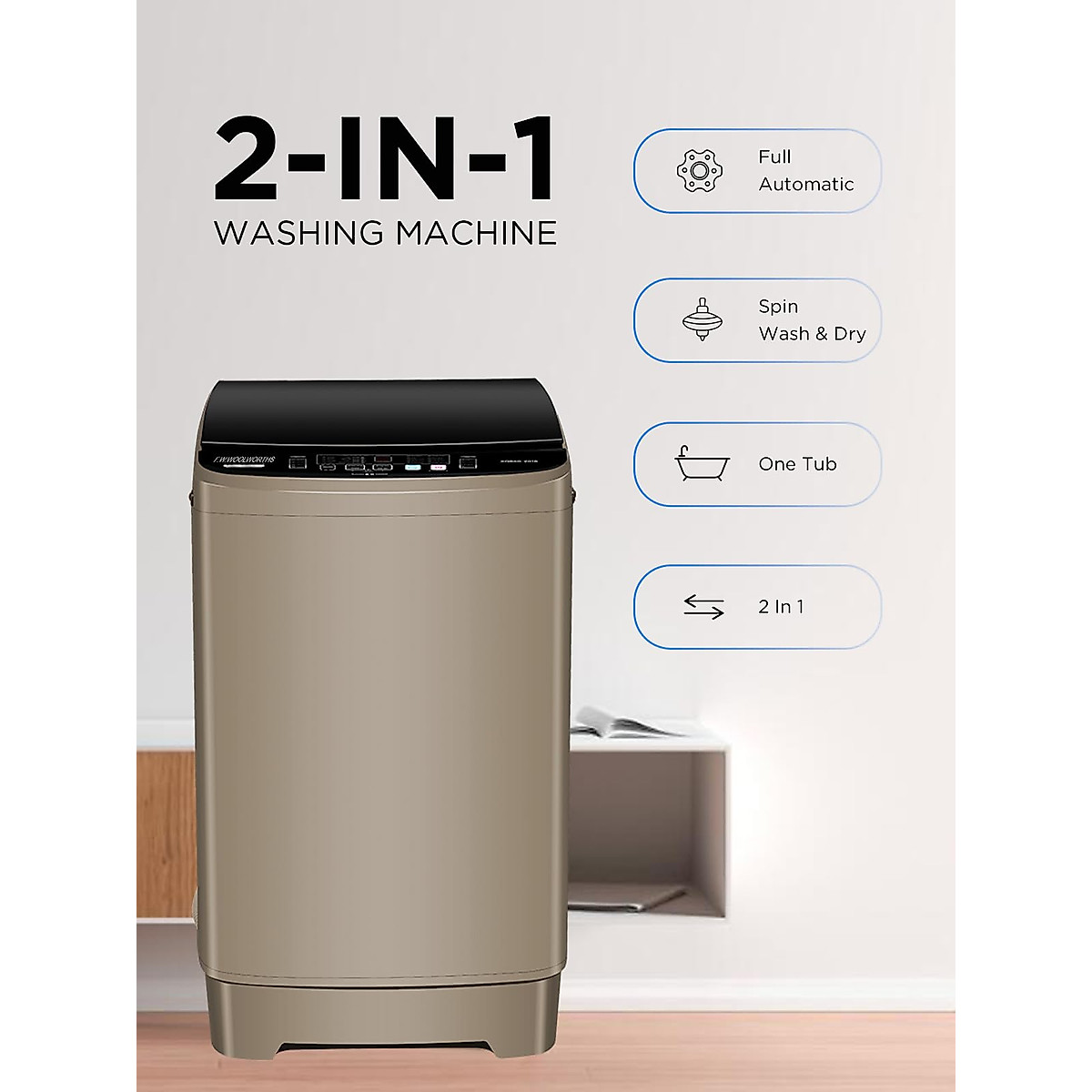 F.W.WOOLWORTHS 17.7 lbs Full-Automatic Washing Machine with LED Display, Laundry Washer with Drain Pump, 10 Wash Programs 8 Water Levels Washer & Spinner for Home, Apartment, Dorms, Gold