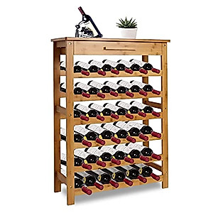 Kinsuite Bamboo Wine Rack Modular Wine Storage Holder Display Shelves for Storing Bottles at Home 36 Bottle Wine Rack Free Standing Floor 6 Shelves with Drawer