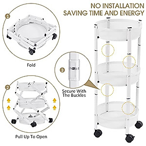 APEXCHASER 3-Tier Metal Storage Rolling Cart, Collapsible Utility Cart, No Assemble, Multifunction Serving Organizer Trolley with Lockable Wheels for Kitchen, Living Room, Bathroom,White