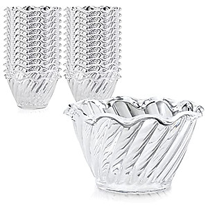 [24 Pack] Plastic Dessert Cups 5 oz - Clear Mini Ice Cream Sundae Tasting Bowls, Individual Swirl Tulip Shape Dish Holder, Salad Appetizer Chocolate Candy Serving in Party Buffet, Commercial Home Use
