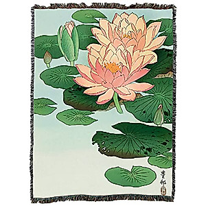 Pure Country Weavers Water Lily Blanket by Ohara Koson - Fine Art Gift Tapestry Throw Woven from Cotton - Made in The USA (72x54)