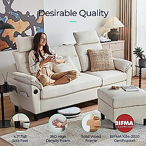 LINSY HOME Sectional Sofa, High Back Sectional Couch with Ottoman, 2 USB and Storage Bags, L Shaped Sofa with Extra Headrests, Small Sectional Sofa Set for Living Room, Apartment, Beige