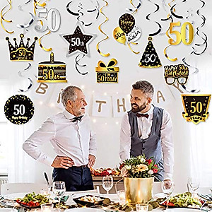 30 Pieces 50th Birthday Party Hanging Swirl Decorations, Black Golden Silver Happy 50th Party Cake Glasses Balloons Sign Foil Swirls Ceiling Decorations for Men and Women 50 Years Old