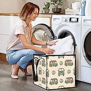 ALAZA Collapsible Storage Basket - Colorful Hippie Camper Bus Rotary Folding Storage Basket Container Organizer Bags - Large Clothes Hamper Tote with Carry Handles(229ya0a)