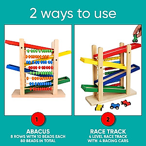 Montessori Toys - Car Track for Toddlers 3-5 with 4 Cars and Abacus for Kids Math - Wooden Cars - Toddler Race Track - Wooden Toys Cars - Autism Toys - Wooden Ramp Racer Car Track Toy Waldorf Toys
