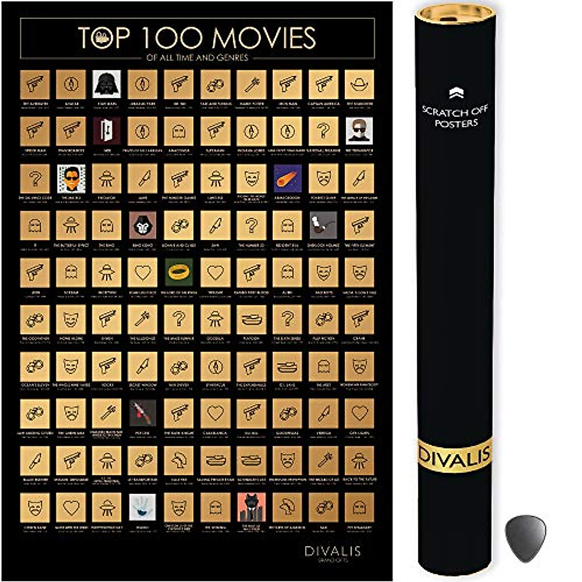 Top 100 Movies Scratch Off Poster - Films of all Time Bucket List - 24x16" Easy to Frame Scratchable Cinema Checklist Poster - Must See Movie Challenge - 100 Essential Movies Scratch off Calendar with Scratcher Included - Greatest Movies for Family to Wat