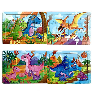 IHOMEINF Toddler Wooden Puzzles for Kids Ages 3-8, Montessori Toys for 3 4 5 6 7 8 Year Old, 4 Pack Dinosaur Jigsaw Puzzles Set Preschool Learning Toys Boys Girls Gifts (Dinosaur Puzzles 12 Pcs)