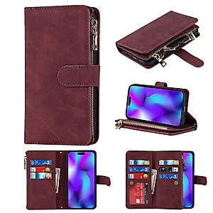 Jaorty for iPhone 14 Pro Max Phone Wallet Case for Women with Credit Card Holder,for iPhone 14 Pro Max Crossbody Case with Strap Lanyard, Zipper Pocket PU Leather Cases,6.7 Inch,Burgundy