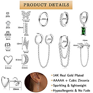 LOYALLOOK Studs Earrings and Hoops Set for Women Huggie Hoop Studs Earrings Set Dainty Minimalist Moon Heart Butterfly CZ Ball Small Dangle Chain Hoop Earrings Set for Multiple Piercing