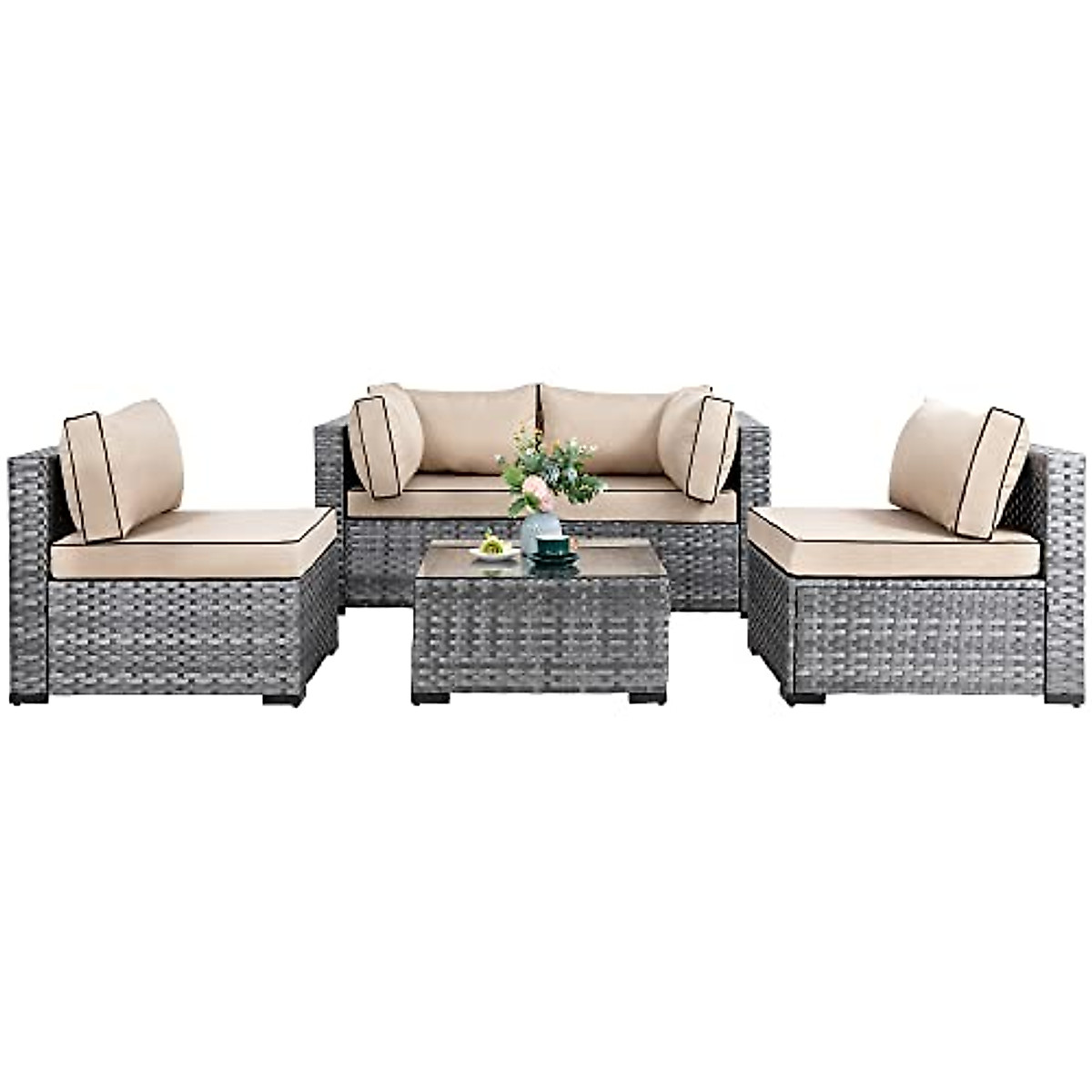 JAMFLY 5 Pieces Patio Furniture Sets, Wicker Outdoor Sectional Furniture with Glass Table and Cushions, Rattan Patio Conversation Sets for Garden, Poolside, Backyard(Khaki)