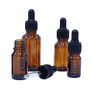 QUUPY 3PCS Portable Amber Glass Graduated Scale Dropping Bottle Vials With Black Rubber Cap And Glass Dropper Pipette For Cosmetic Perfumes Essential Oils Liquids Storage