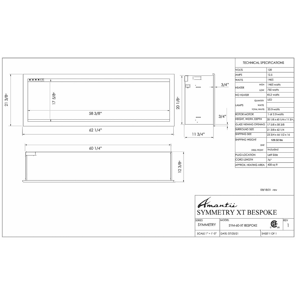 Amantii SYM-60-XT-BESPOKE Symmetry Extra Tall Bespoke 60 Inch Recessed Indoor Outdoor Electric Fireplace, WiFi Bluetooth Speaker Available, with Trim and Ice Media