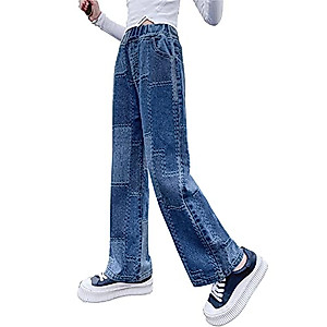 birbyrrly Girls Wide Leg Jeans Kids Baggy Elastic Waist Casual Denim Pants with Pockets Plaid Blue Tag 150-9-10 Years