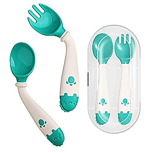 Deejoy Toddler Utensils with Travel Case, Baby Spoons and Forks Set for Self Feeding, Silicone Bendable Handle, Easy Grip Heat-Resistant, Self-feeding Flatware Sets for Kids (Stage 2) Green