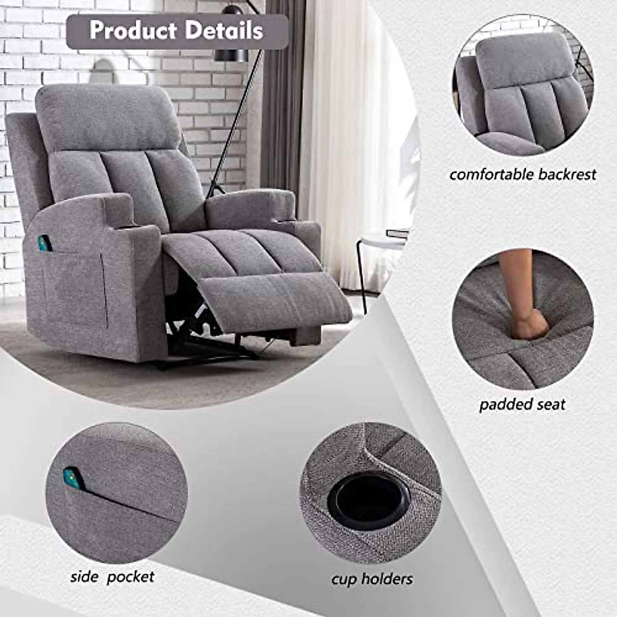 ANJ HOME Manual Massage Recliner Chairs with Heat for Living Room, Overstuffed Breathable Fabric Reclining Chair with Side Pockets and Cup Holders, Single Sofa Home Theater Seating, Grey