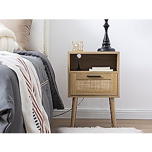 Labcosi Mid Century Modern End Table, Natural Rattan Nightstand with Charging Station, Wooden Bedside Tables for Living Room and Bedroom, Natural Wood Side Table with Storage Drawer