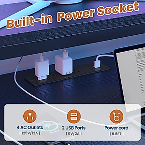 L Shaped Gaming Desk with Shelves, Reversible Computer Desk with Power Outlets LED Light, Home Office Desk with Monitor Stand Storage Racks 2 Drawers 5 Shelves Pegboard 8 Hooks Mouse Pad(Black)