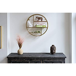 kimisty Gold Round Wall Shelf, 20 Inch Extra Large, Circular Bathroom, Bedroom Floating Shelves, Circle Brass Geometric Wall Art, Boho Metal Wire Mesh Sconce & Crystal Shelf