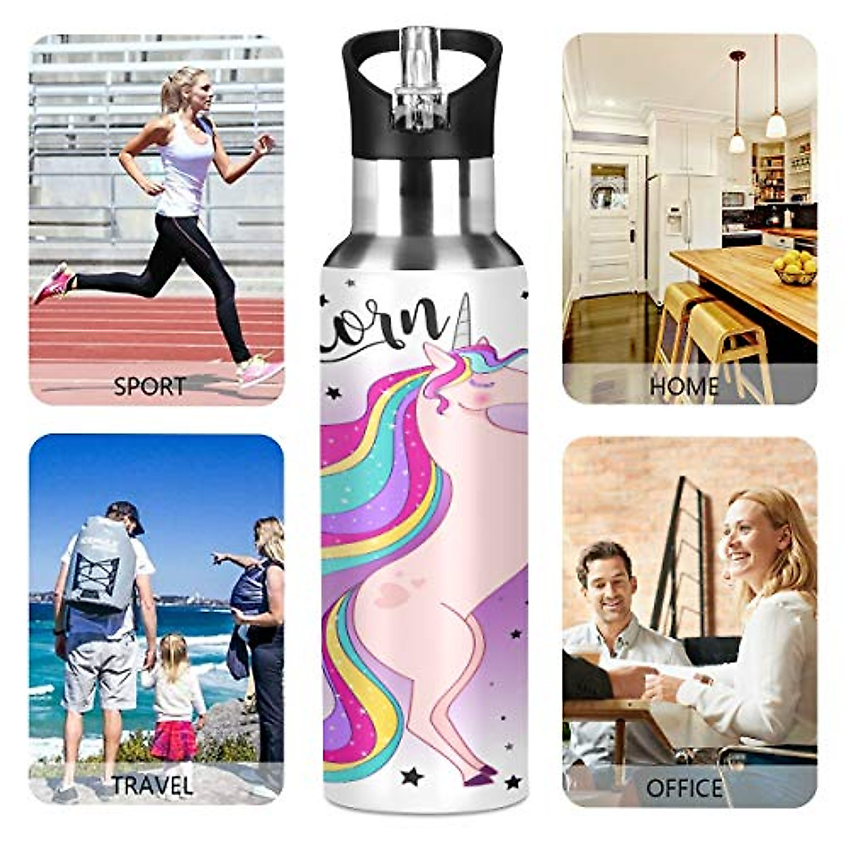 OREZI Cute Unicorn Magical Rainbow Star Pink Water Bottle Thermos with Straw Lid for Boys Girls,600 ml,Leakproof Stainless-Steel Sports Bottle for Women Men Teenage