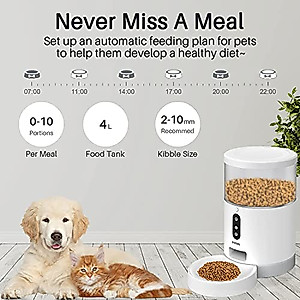 Peteme Automatic Cat Feeder,Smart Pet Feeder 4L with APP Control for Dry Food, 0-10 Portion Control for 1-6 Meals Daily, Auto Food Dispenser for Small Pets with 10s Voice Recording