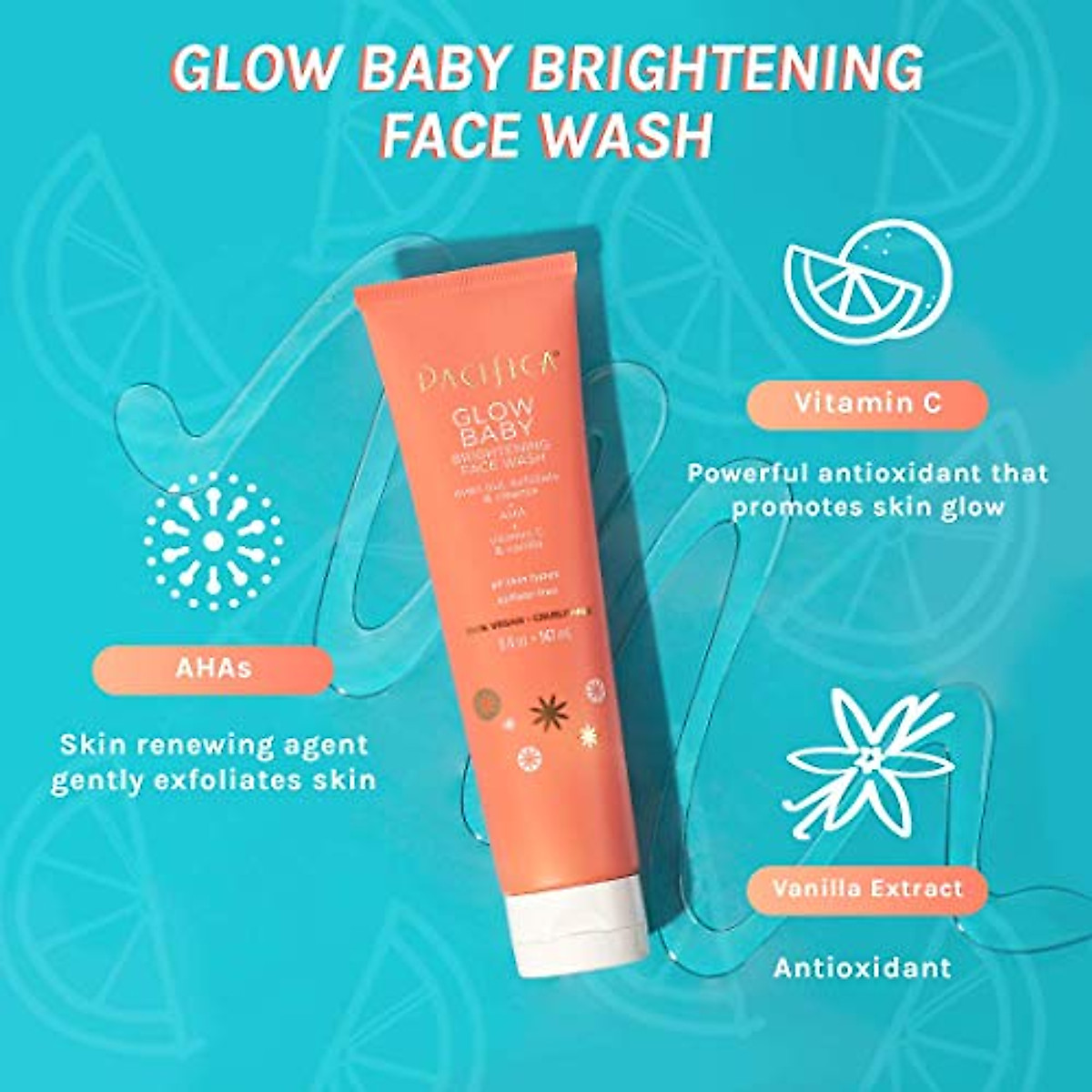 Pacifica Beauty Glow Baby Brightening Daily Face Cleanser, Exfoliate and Cleanse, Vitamin C, AHA for All Skin Types, Sulfate & Paraben, Vegan and Cruelty Free, Orange & Vanilla, 5 Fl Oz, Pack of 2