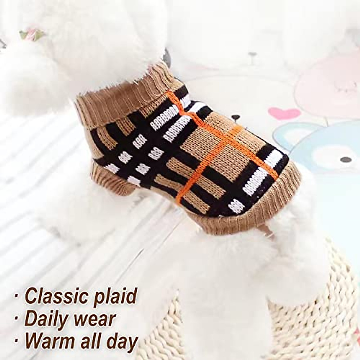 Classic Plaid Dog Turtleneck Sweater for Small Dog Pullover Knitted Sweater Pet Winter Warm Clothes Outfits for Poodle Puppy Cat Kitten Coffee Color (XXX-Large, Classic Plaid Style)