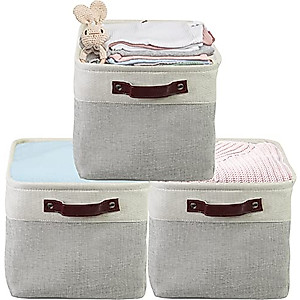 Simple Houseware 3 Pack Grey Fabric Storage Bin with Leather Like Handles