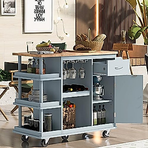 TOCLIU Bar Cart, Serving Cart Microwave Cart, Drink Cart, Mobile Kitchen Shelf with Wine Rack and Glass Holder, Rolling Beverage Cart for Home (Blue)