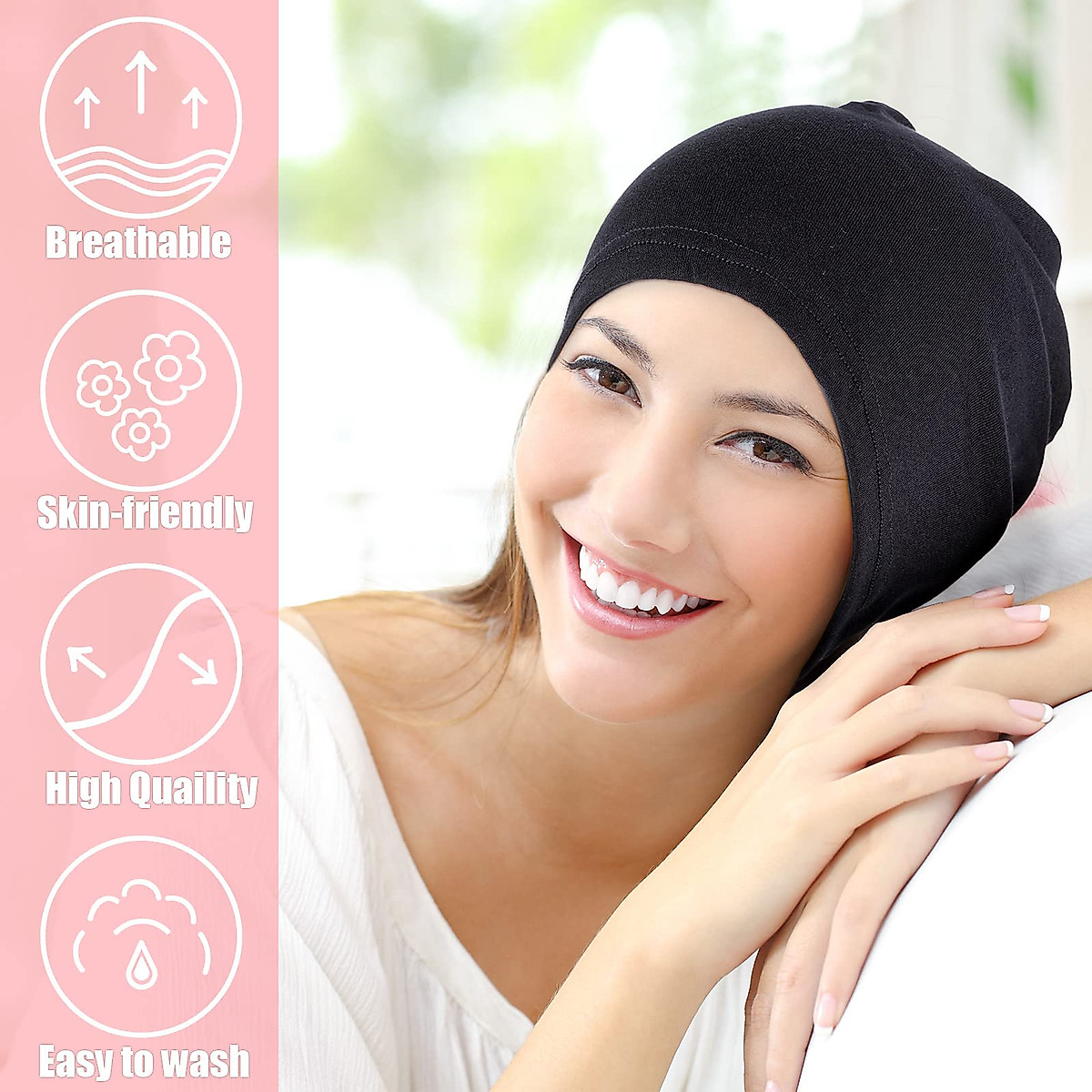 Zhanmai 4 Pieces Fiber Sleep Cap Multifunctional Skull Caps Headwear Frizzy Hair Sleep Hat Breathable Hair Sleeping Cap Helmet Liner Hard Hat Beanie Cap for Women Black