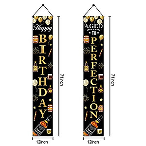 Whiskey Happy Birthday Door Banner Decorations for Men, Black Gold Whiskey Themed Happy Birthday & Aged to Perfection Party Sign Supplies, Cheer and Beer Themed Happy Birthday Photo Booth Props Decor for Indoor Outdoor