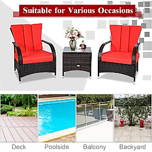 Tangkula 3-Piece Patio Conversation Set, Outdoor Wicker Furniture Set, Rattan Coffee Table & Chairs Set with Cushions, Outdoor Conversation Set for Garden Balcony Backyard (Red)