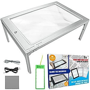 Magnifying Glass with Light and Stand, Silver 4X Page Magnifier for Reading, Foldable 50 LED Large Magnifying Glass Ideal for Seniors, 2 Power Options, 3 Usage Modes