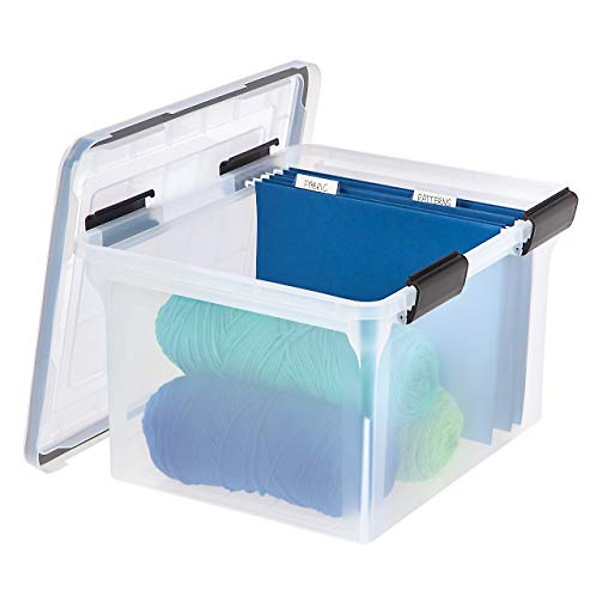 IRIS USA 32 Quart WEATHERPRO Letter Size Portable File Box, Plastic Storage Container with Durable Lid and Seal and Secure Latching Buckles, Weathertight, Clear with Black Buckles, 4 Pack