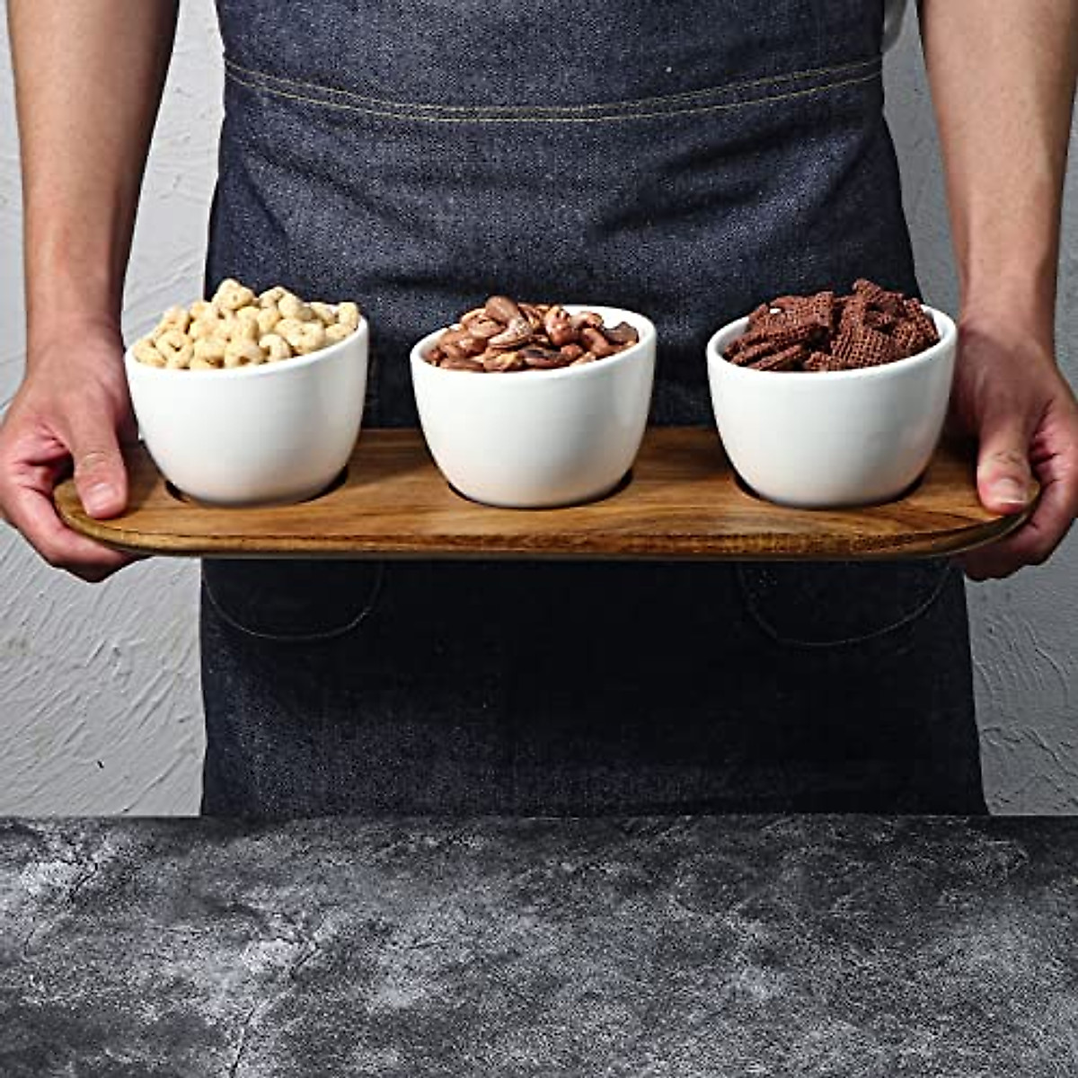 Wareland Chip and Dip Serving Set with Acacia Wooden Tray, 12oz White Glazed Ceramic Dipping Bowls, Serving Dishes for Entertaining, Small Serving Bowls for Side Dishes, Salsa, Appetizers, Condiments