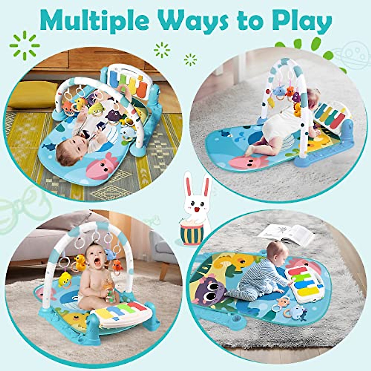 Nutsball Baby Gym Play Mat, Kick and Play Piano Gym Mat with Music and Lights, Tummy Time Musical Activity Center for Infants Toddlers (Ocean World Blue)