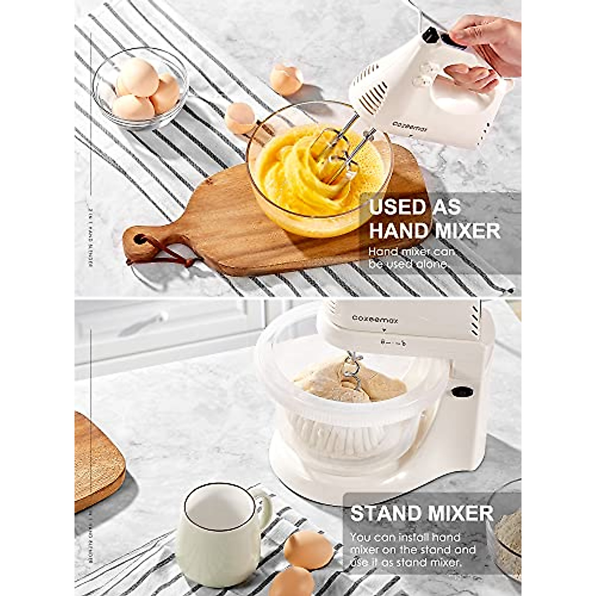 2 in 1 Hand Mixers Kitchen Electric Stand mixer with bowl 3 Quart, electric mixer handheld for Everyday Use, Dough Hooks & Mixer Beaters for Frosting, Meringues & More