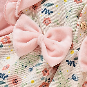 Sasaerucure Infant Newborn Baby Girls Fall Winter Corduroy Dress Long Sleeve Romper Ruffle Floral Bodysuit Fluffy Cardigan Set (Pink, 0-3 Months)