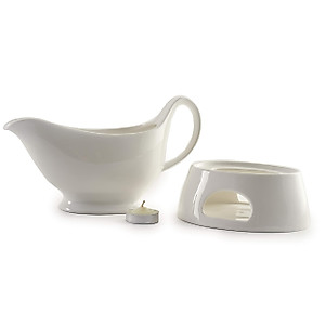 Norpro Porcelain Gravy Sauce Boat with Stand and Candle, 16oz, White