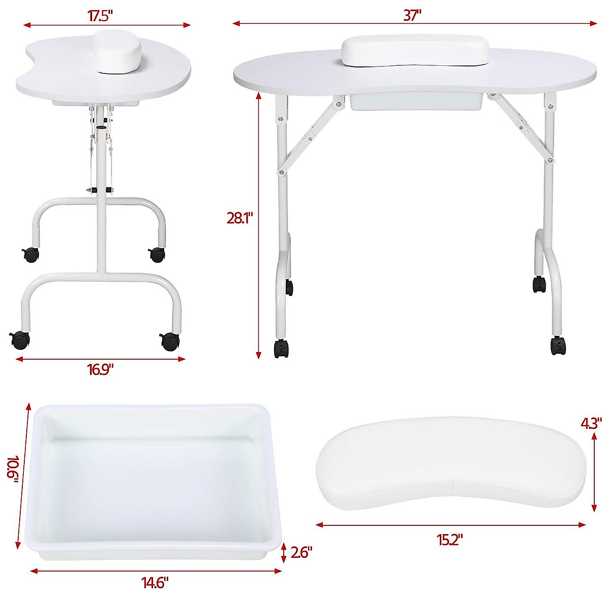 Yaheetech 37-inch Portable & Foldable Manicure Table Nail Desk Workstation with Large Drawer/Client Wrist Pad/Controllable Wheels/Carrying Case for Spa Beauty Salon White, 1 Count (Pack of 1)