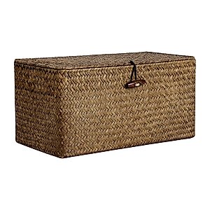 FOSSORH Natural Seagrass Storage Baskets with Lid,Multipurpose Home Organizer Bins Boxes for Shelf Organizer,Decorative Storage Bins- 12'' x 7'' x 6''