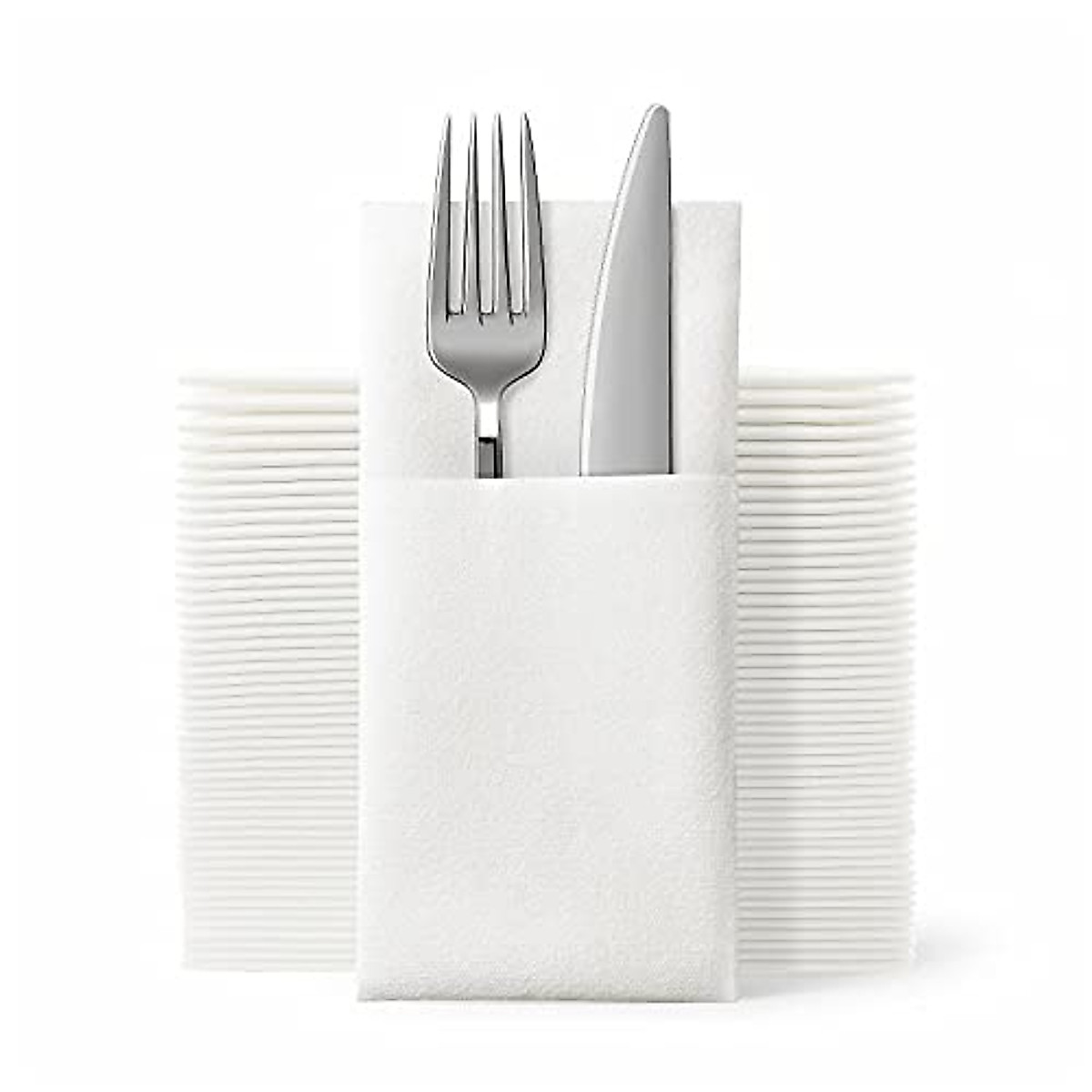 JEBBLAS Disposable Cloth Like Napkins, Built-in Flatware Pocket, Wedding Party Linen Feel White Napkin, Prefolded for Silverware,50 Count
