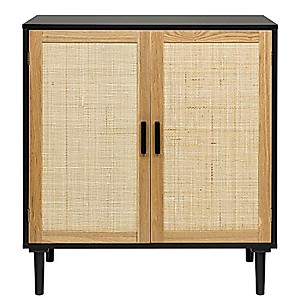 Finnhomy Sideboard Buffet Cabinet, Kitchen Storage Cabinet with Rattan Decorated Doors, Liquor Cabinet for Bar, Dining Room, Hallway, Cupboard Console Table, Accent Cabinet, 31.5X 15.8X 34.6 Inches