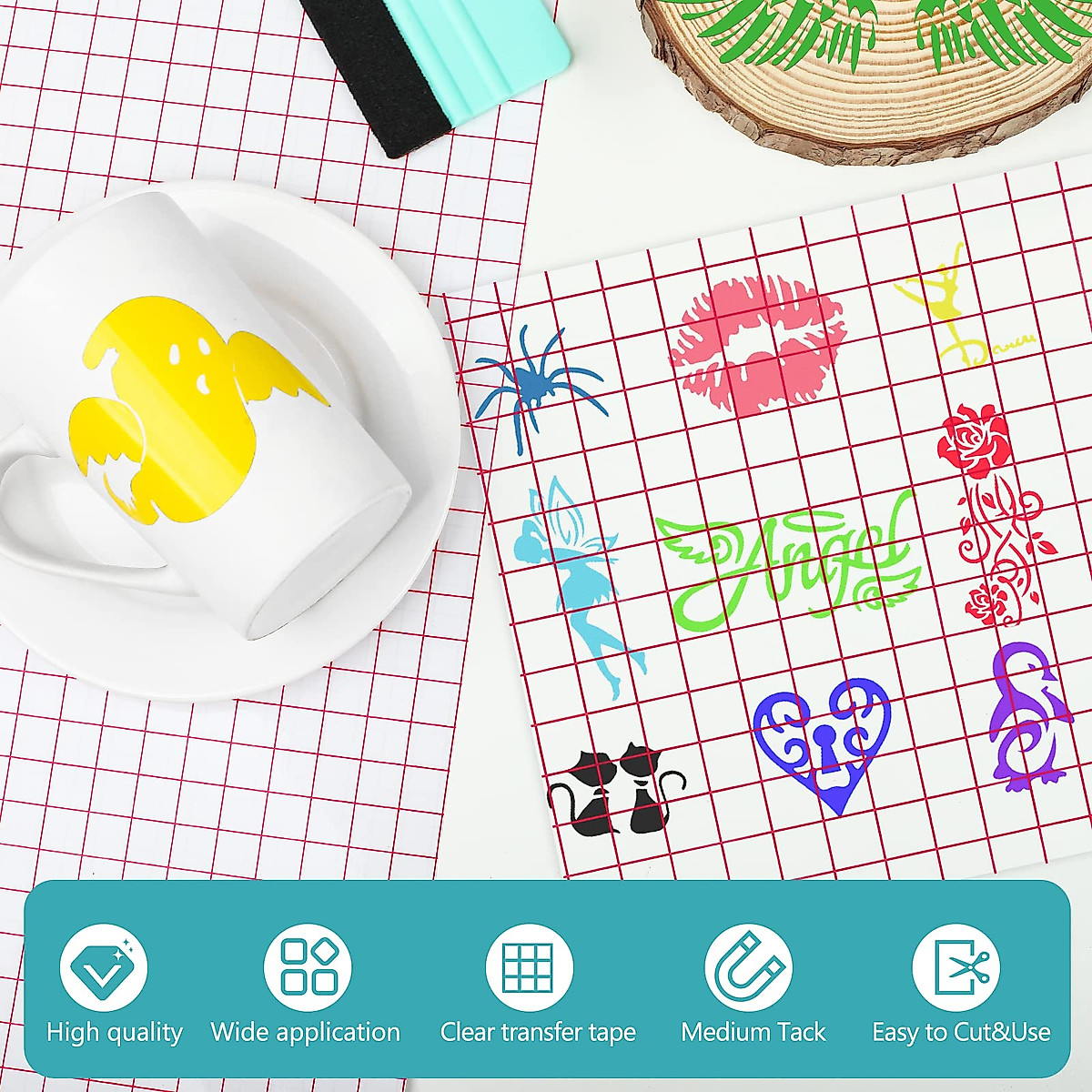 40FT Transfer Tape for Vinyl - Clear Vinyl Transfer Paper Tape Roll, 12” x 40 FT with 1/2 Red Grid Standard Tape for Cricut Adhesive Vinyl for Craft Decal, Mug Decal