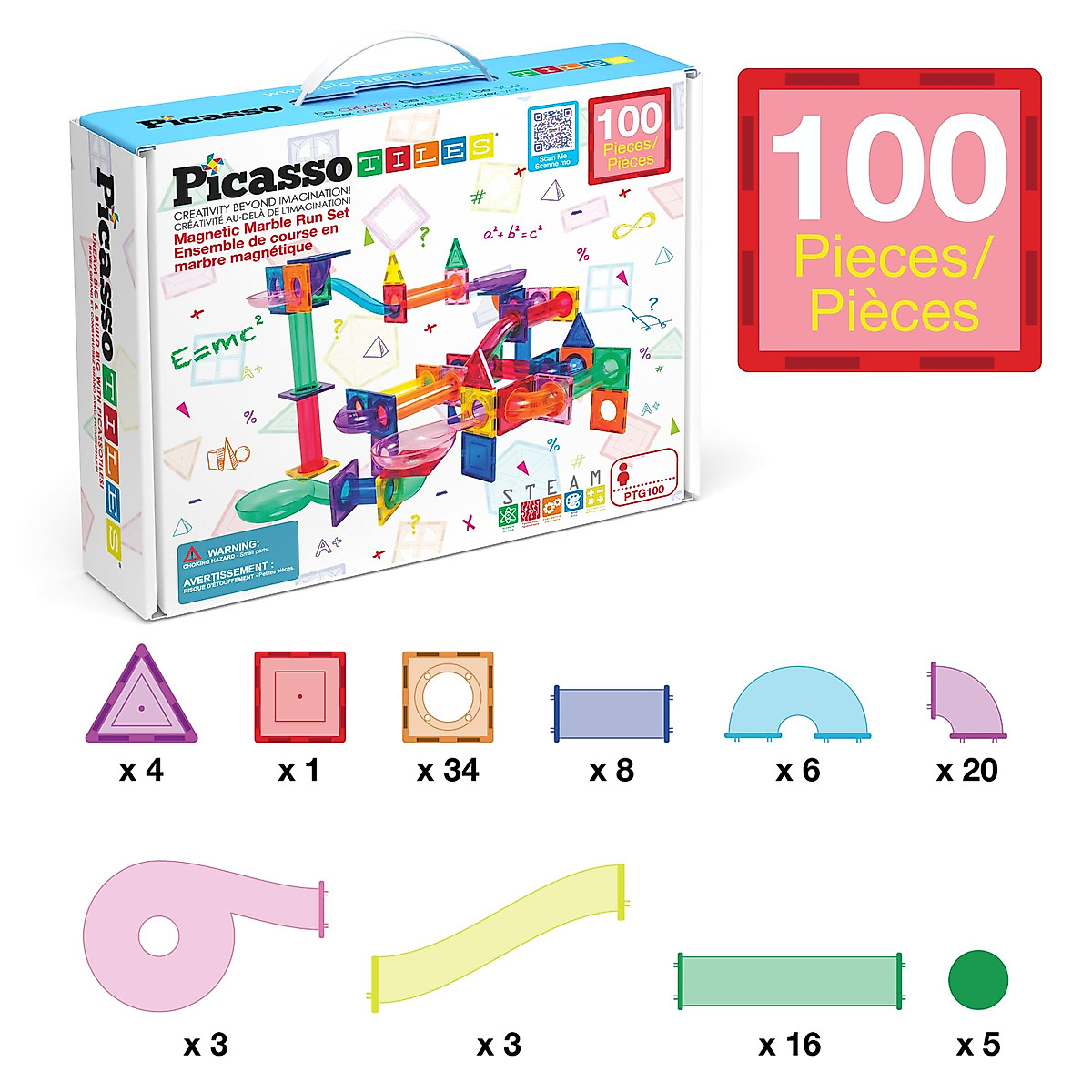 PicassoTiles Marble Run 100 Piece Magnetic Tile Race Track Toy Play Set STEM Building & Learning Educational Magnet Construction Child Brain Development Kit Boys Girls Age 3 4 5 6 7 8+ Years Old Toys