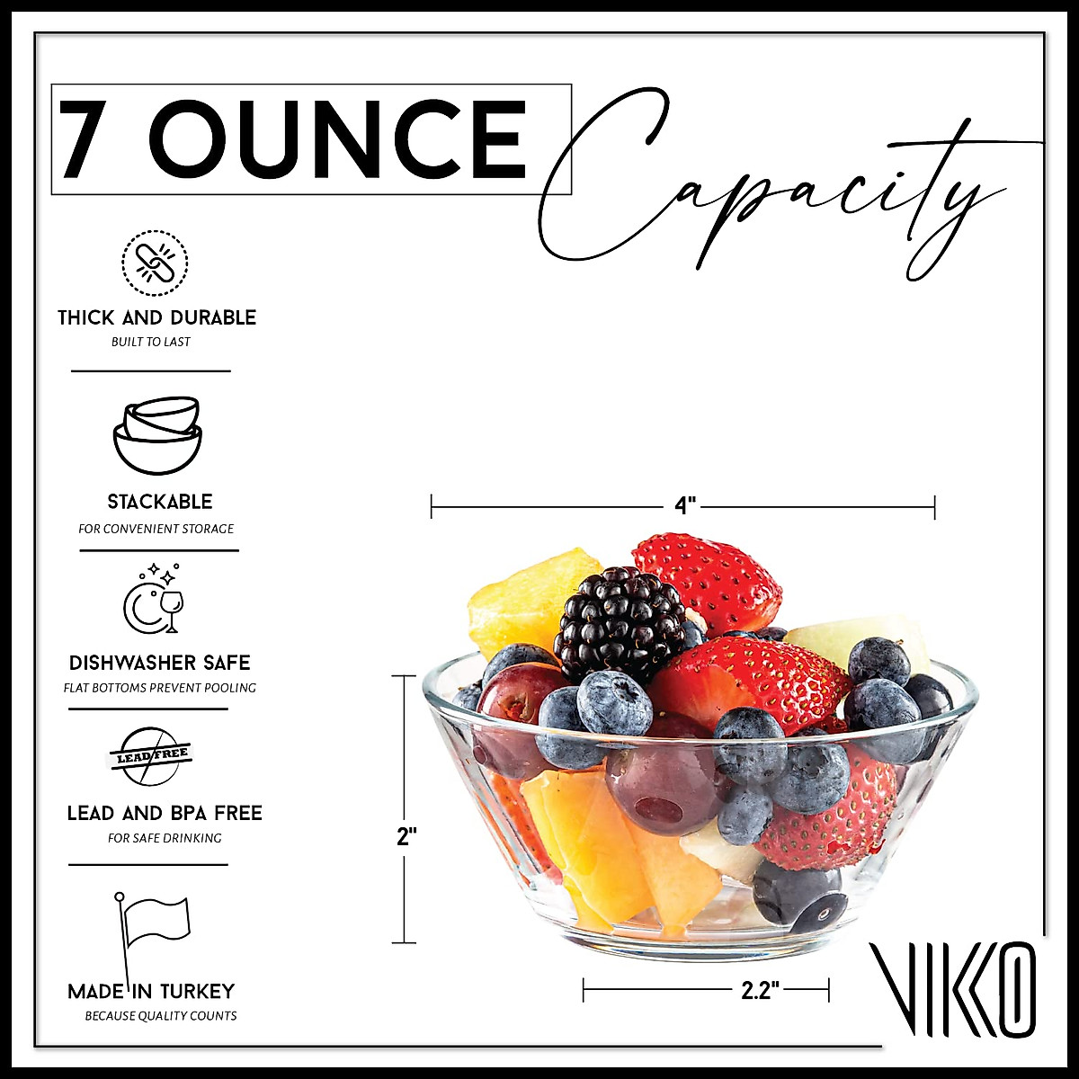 Vikko Glass Bowls, Set of 12, Glass Dessert Bowls, 7 Ounce Glass Dish for Dessert, Candy, Kitchen Prep, Dishwasher Safe