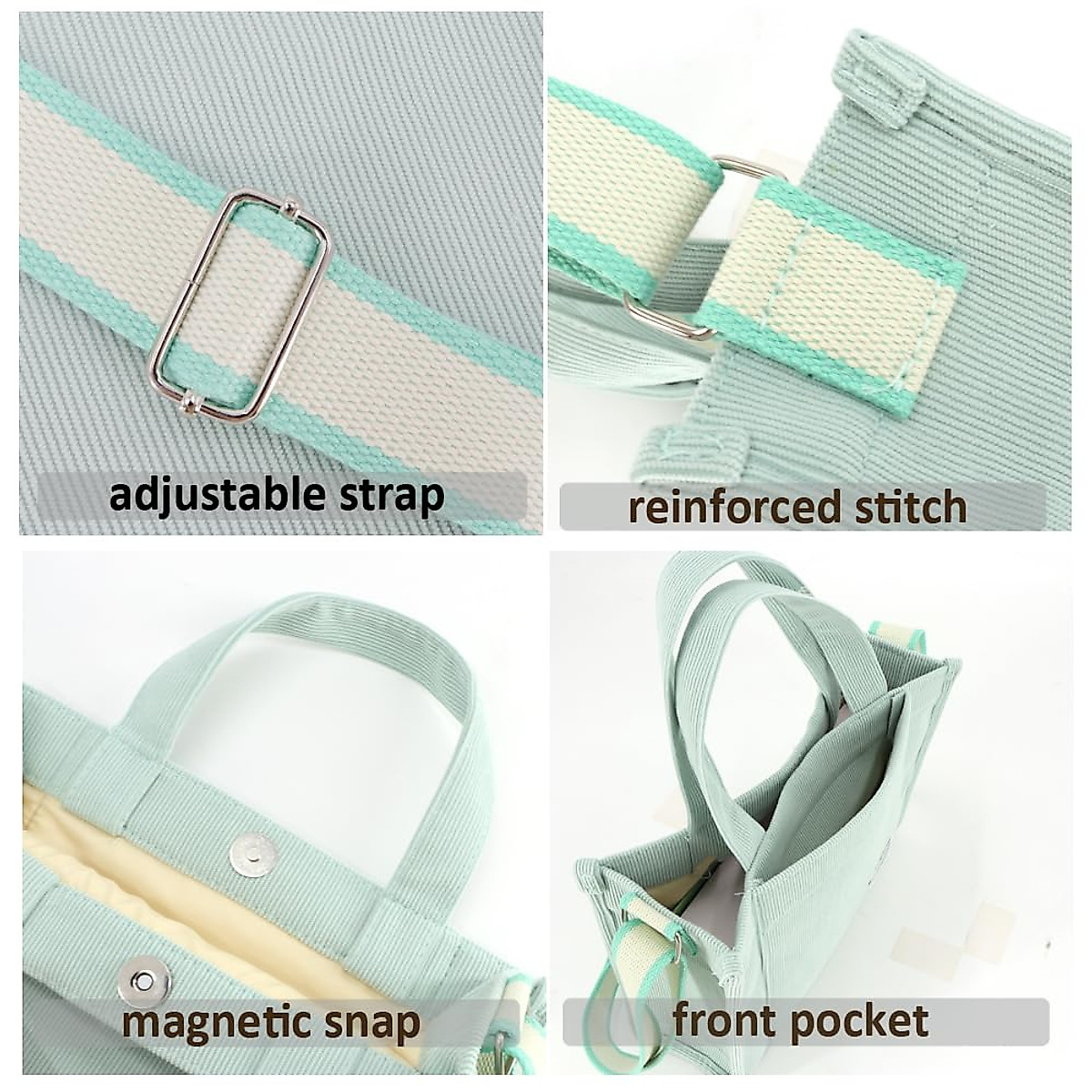 UERRUAM Casual Corduroy Tote Bag for Women-Lightweight Crossbody Bag with Adjustable Strap for Work,Travel,Daily Use,Large,Mint Julep